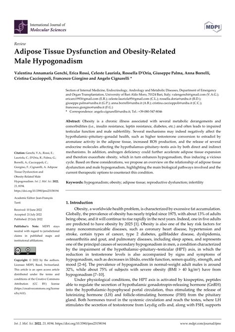 PDF Adipose Tissue Dysfunction And Obesity Related Male Hypogonadism