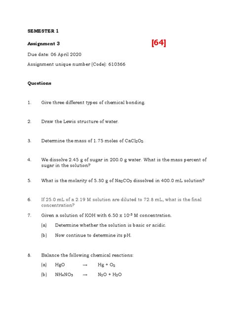Assignment 3 Memo Pdf Mole Unit Concentration