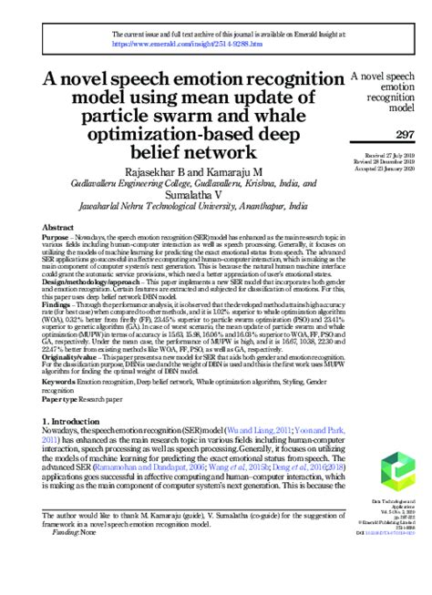 Pdf A Novel Speech Emotion Recognition Model Using Mean Update Of Particle Swarm And Whale