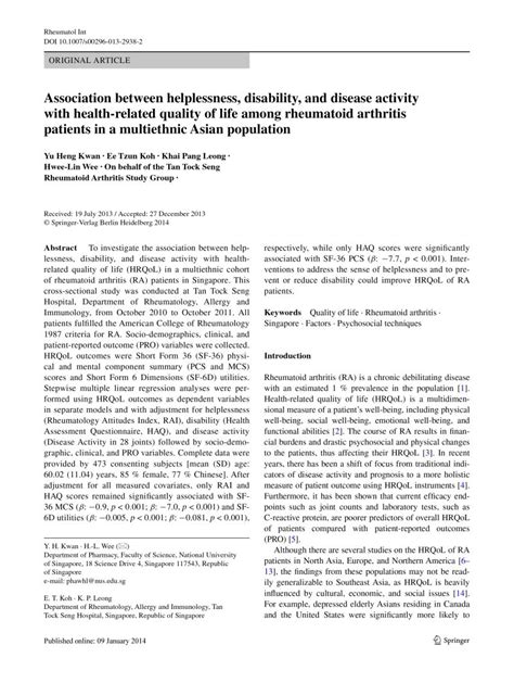 Association Between Helplessness Disability And Disease Activity With