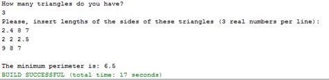 Java I Am Asked To Find The Minimum Perimeter Of A Group Of Triangles Input By The User But I