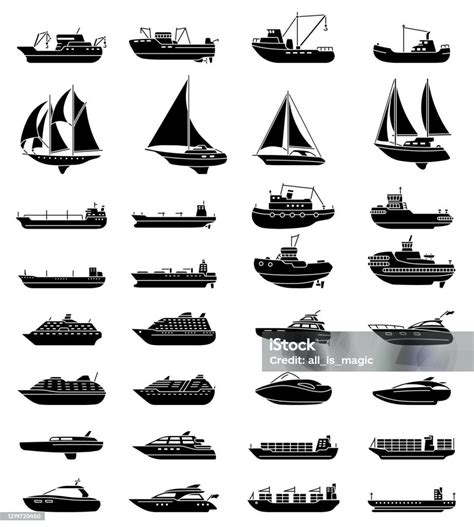 선박과 보트 세트 바지선 및화물 선 유조선 항해 선박 크루즈 라이너 예인선 낚시 및 스피드 보트 바지선에 대한 스톡 벡터 아트 및 기타 이미지 Istock