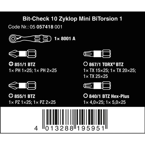 Wera 05057418001 Bit Check 10 Zyklop Mini Bitorsion 1 Set 10 Piece Rapid Online
