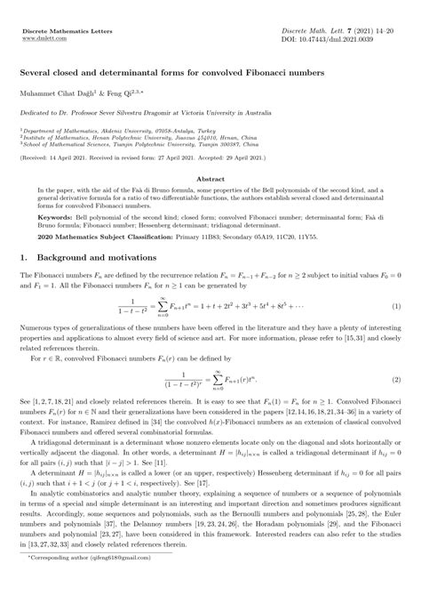 PDF Several Closed And Determinantal Forms For Convolved Fibonacci Numbers