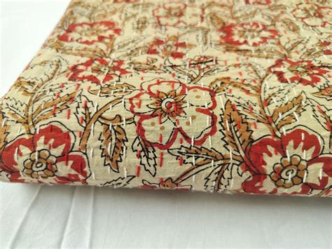 Handmade Kantha Quilt Red Floral Beige Kantha Bedspread Handblocked