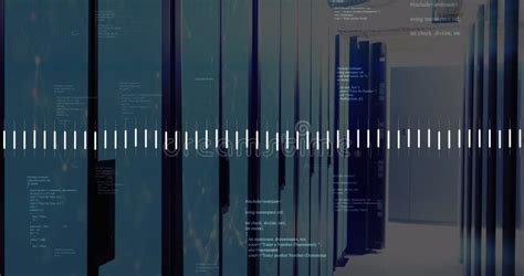 image of graphs and computer language over data server room stock image