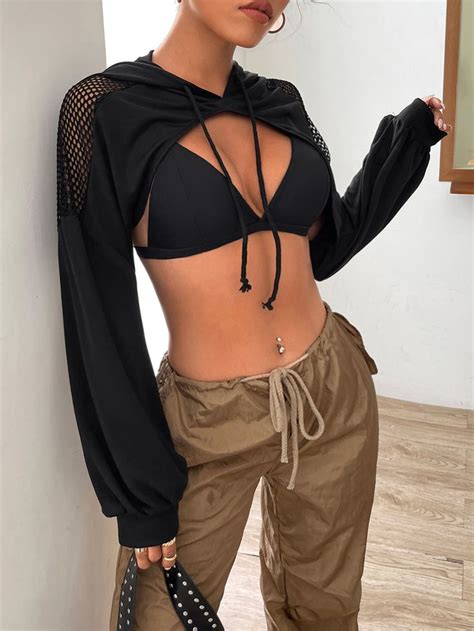 Contrast Fishnet Drop Shoulder Drawstring Super Crop Hoodie Without Bra