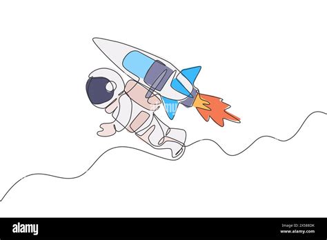 Single Continuous Line Drawing Astronaut In Spacesuit Flying At Outer Space With Jetpack Rocket