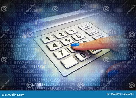 Female Entering Pin Number At ATM Machine To Withdraw Money Abstract Background With Binary