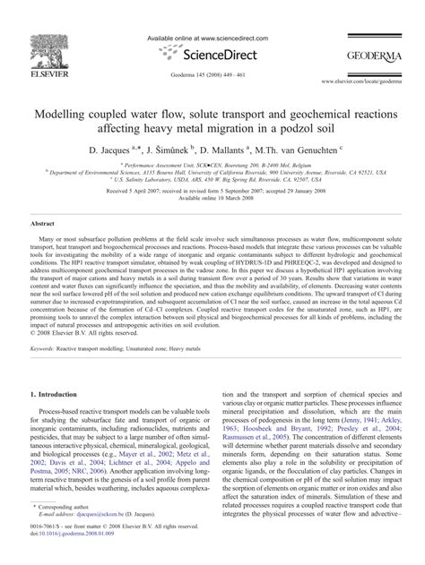 Pdf Modelling Coupled Water Flow Solute Transport And Geochemical Reactions Affecting Heavy
