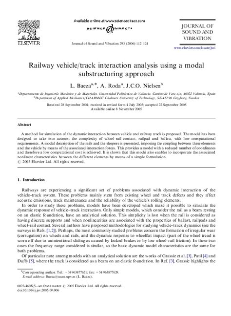 Pdf Railway Vehicletrack Interaction Analysis Using A Modal Substructuring Approach