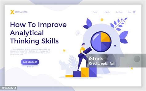 사람이 오름차순 막대 차트와 돋보기를 통해 머리를 보고 있는 랜딩 페이지 템플릿 분석적 사고 데이터 분석 비즈니스 분석의 개념