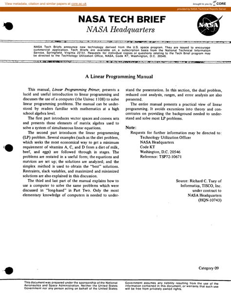 Linear Programming Manual Nasa Tech Brief