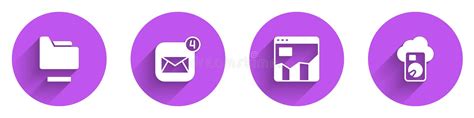 Set Document Folder Envelope Graph Chart Infographic And Cloud Database Icon With Long Shadow