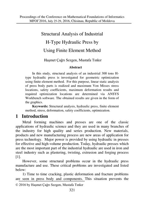 Pdf Structural Analysis Of Industrial H Type Hydraulic Press By Using Finite Element Method