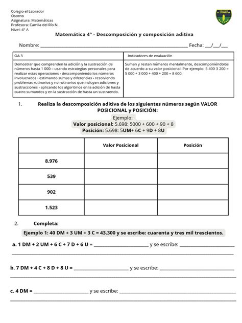 Descomposición Aditiva 4° Pdf Sustracción Matemáticas
