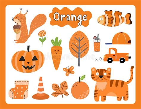 Set Of Orange Color Objects Primary Colors Flashcard With Orange Elements Stock Vector