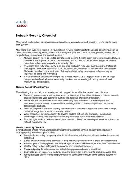 Network Security Checklist General Security Planning Tips Pdf Computer Virus Computer Network