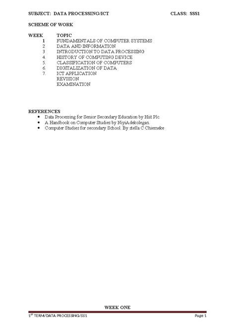 ss 1 data processing subject data processing ict class sss scheme of work week topic 1