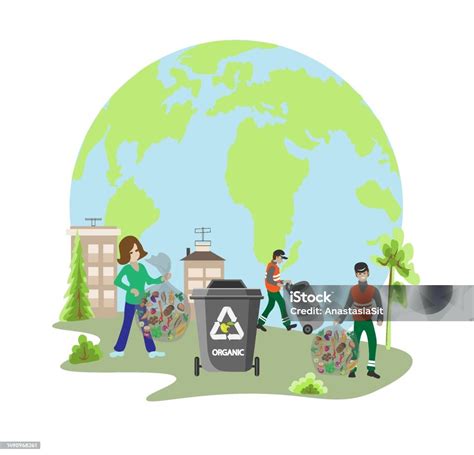 사람들은 쓰레기를 종류별로 분류하여 재활용을 위해 용기에 넣습니다 생태 개념입니다 플랫 벡터 그림입니다 쓰레기 수거를 하는 사람들은 쓰레기를 분류하고 에코 용기를 수거하고