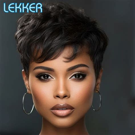 Lekker Natural Black Short Pixie Cut Curly 100 Human Hair Wig For
