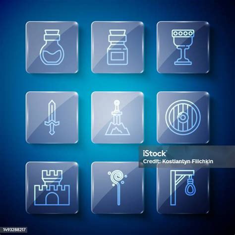 성 요새 마법 지팡이 교수대 중세 잔 돌 속의 검 검 독병 및 둥근 나무 방패 아이콘을 설정합니다 벡터 건축에 대한 스톡 벡터