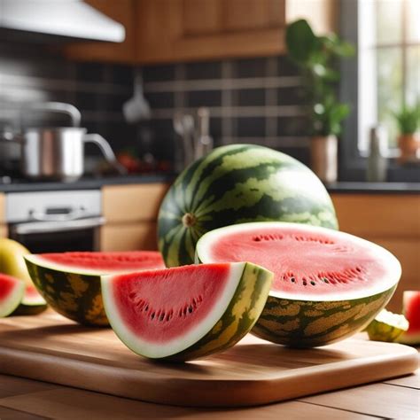 Whole Watermelon Slices On A Wooden Cutting Board With Blurred Kitchen
