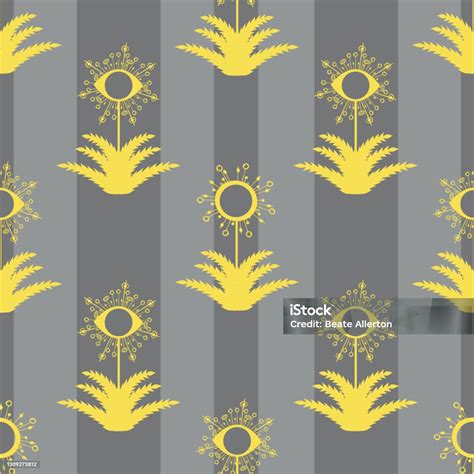 추상 민들레 씨앗 스트라이프 원활한 벡터 패턴 배경 약식 꽃과 줄무늬 노란색 회색 배경의 양식에 일치시키는 민속 예술 웰빙을 위한 기하학적 스텐실 스타일 식물 성 반복 공예