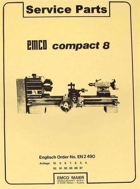 Emco Compact 8 Metal Lathe Parts Manual Ozark Tool Manuals And Books
