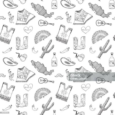 멕시코 원활한 패턴 낙서 요소 손으로 그린된 스케치 멕시코 전통 솜브레로 모자 부츠 판 쵸 선인장과 테킬라 병 멕시코 음악 계기의 지도 벡터 일러스트 레이 션 배경 고추류에