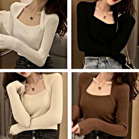 마롱패션 스퀘어넥 긴팔 여자 상의 슬림 핏 볼레로 니트 패션 룩 여성 폴라 상의반폴라 티