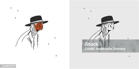 손으로 그린 추상 벡터 그래픽 클립 아트 일러스트 보호 카우걸 모자 초상화 서양 여성 디자인 개념 보헤미안 야생 서부 현대 미술 카우보이 소녀 현대 그림 미국 카우걸 로고