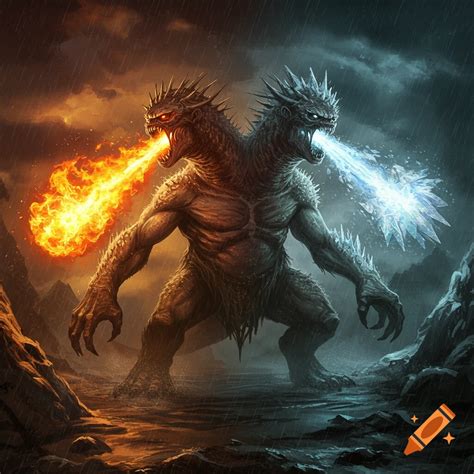 A Two Headed Monster With One Head Breathing Fire And The Other Ice