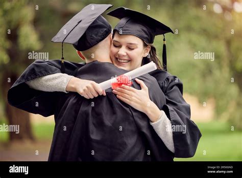 Graduation Certificate And Friends Hugging Outdoor On University