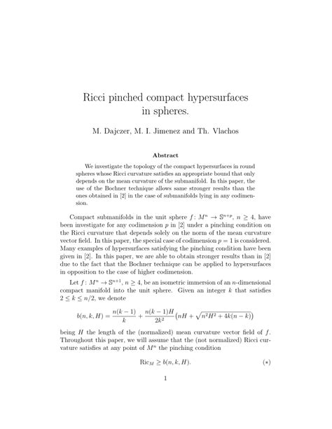 Pdf Ricci Pinched Compact Hypersurfaces In Spheres