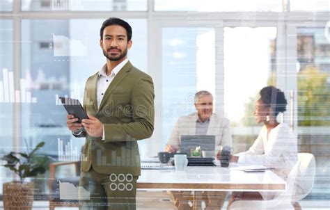 Business Man Tablet And Portrait With Overlay Graph And Planning With Vision Information