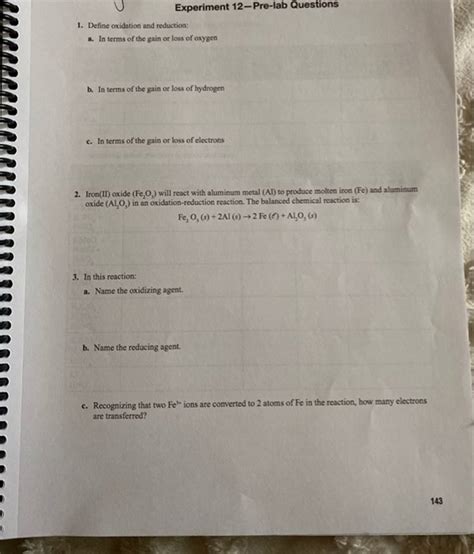 Solved Experiment 12 Pre Lab Questions 1 Define Oxidation And