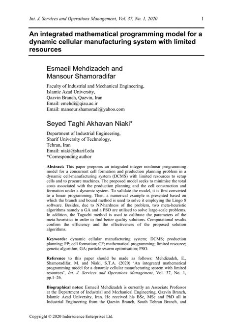 Pdf An Integrated Mathematical Programming Model For A Dynamic Cellular Manufacturing System