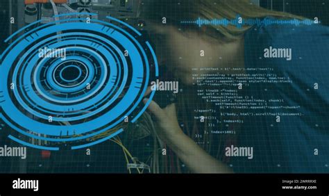 Image Of Scope Scanning And Data Processing Over Woman Checking Cables In A Computer Server Room