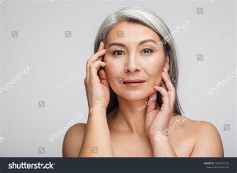 79 Beauty Portrait Attractive Smiling Mature Topless Woman Long Gray Hair Standing Isolated Over