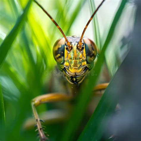 Macro Shot Of A Grasshopper On A Blade Of Grass Stock Illustration
