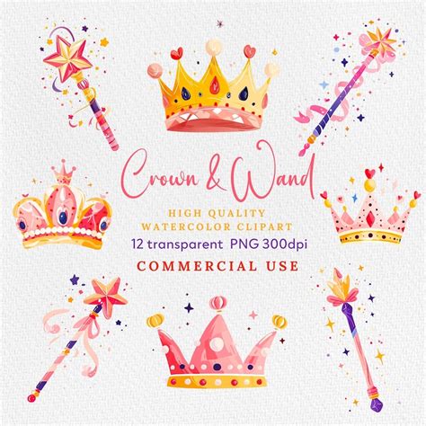 Watercolor Crown And Wand Clipart Pink And Gold Royalty Png Digital