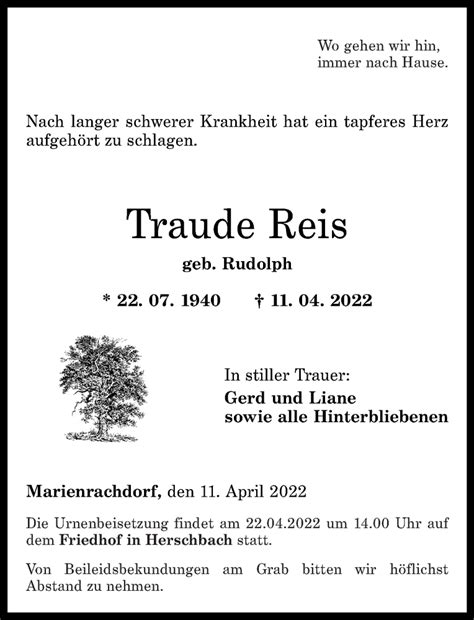 Traueranzeigen Von Traude Reis Rz Trauerde