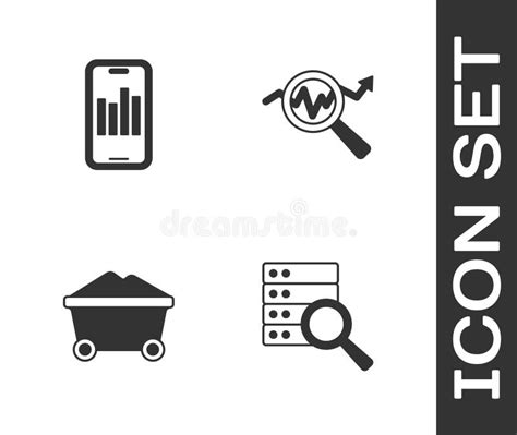 Set Server Mobile With Graph Coal Mine Trolley And Search Data Analysis Icon Vector Stock