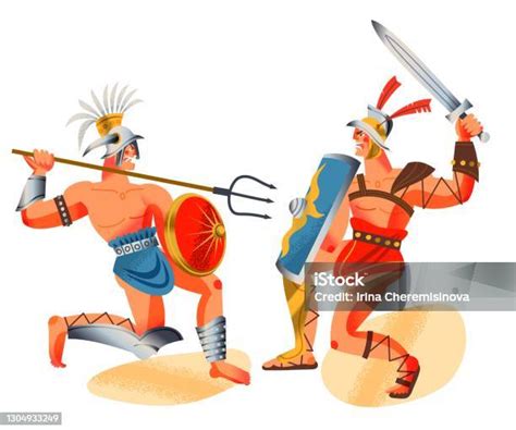 싸우는 고대 로마 제국 검투사 로마의 역사와 문화 벡터 일러스트레이션 무기 방패 헬멧을 가진 근육 전사는 흰색 배경에 경기장에서