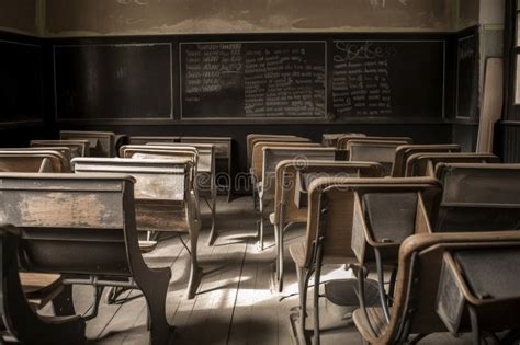 A Classroom With Rows Of Wooden Chairs Facing A Blackboard And Chalk