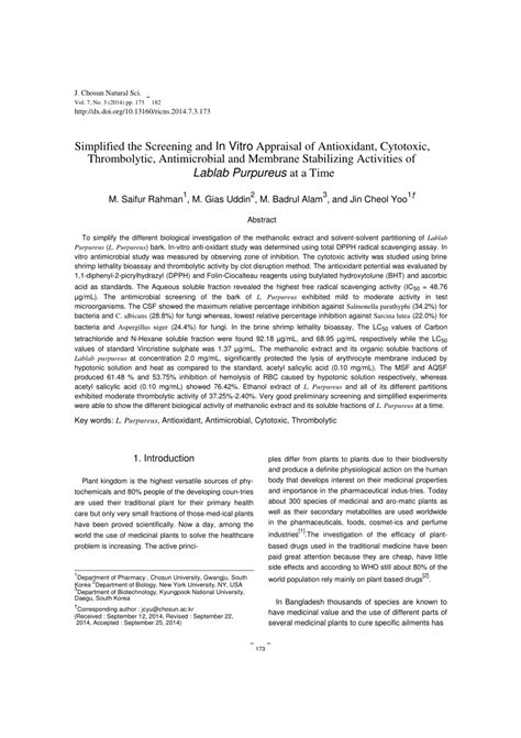 Pdf Simplified The Screening And In Vitro Appraisal Of Antioxidant Cytotoxic Thrombolytic