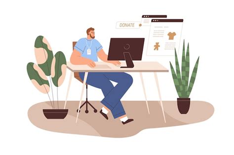 온라인 기부 자선 기부 개념 인터넷을 통한 자원봉사 기부 인도주의적 도움과 지원을 받는 동안 컴퓨터 앞에 있는 사람 평면 벡터 일러스트 레이 션 흰색 배경에 고립