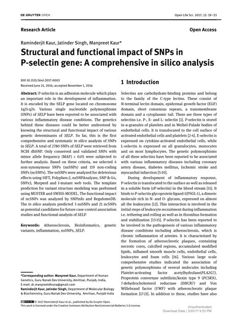 Pdf Structural And Functional Impact Of Snps In P Selectin Gene A