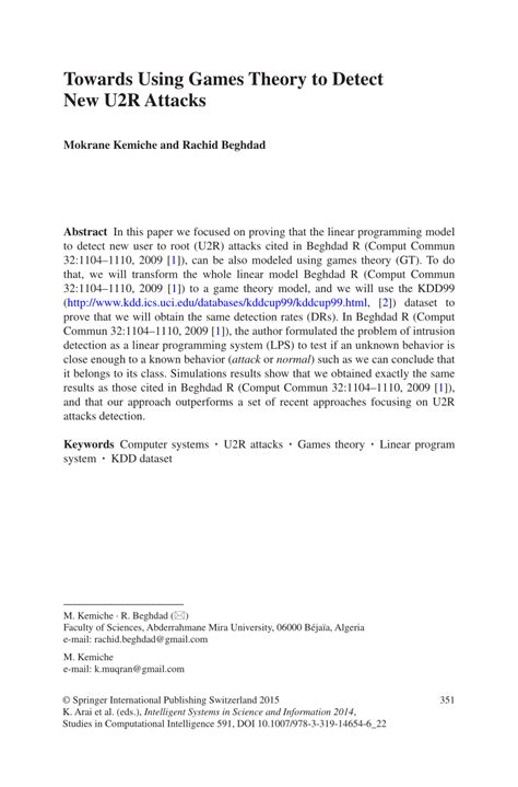 Pdf Towards Using Games Theory To Detect New U2r Attacks ” In